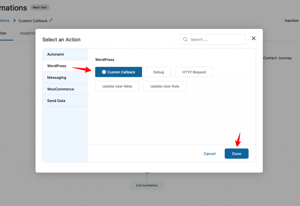 Use Custom Callback Action Funnelkit