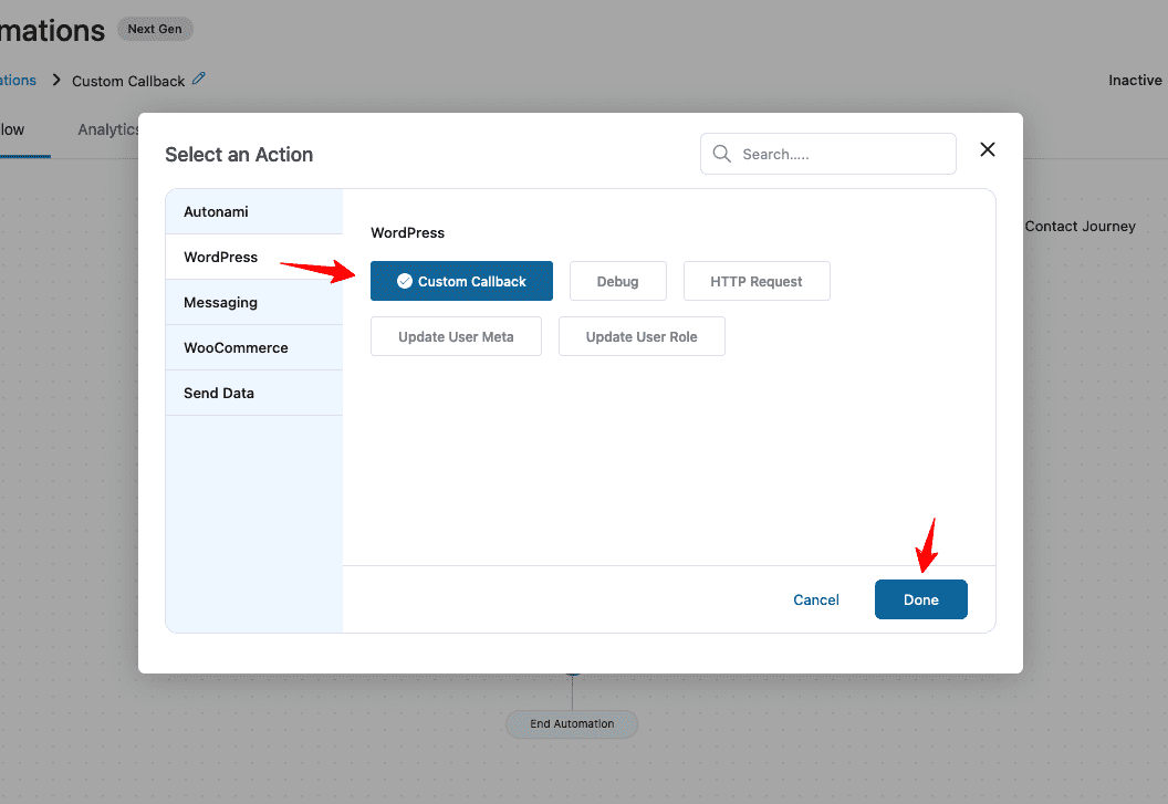 Use Custom Callback action - FunnelKit