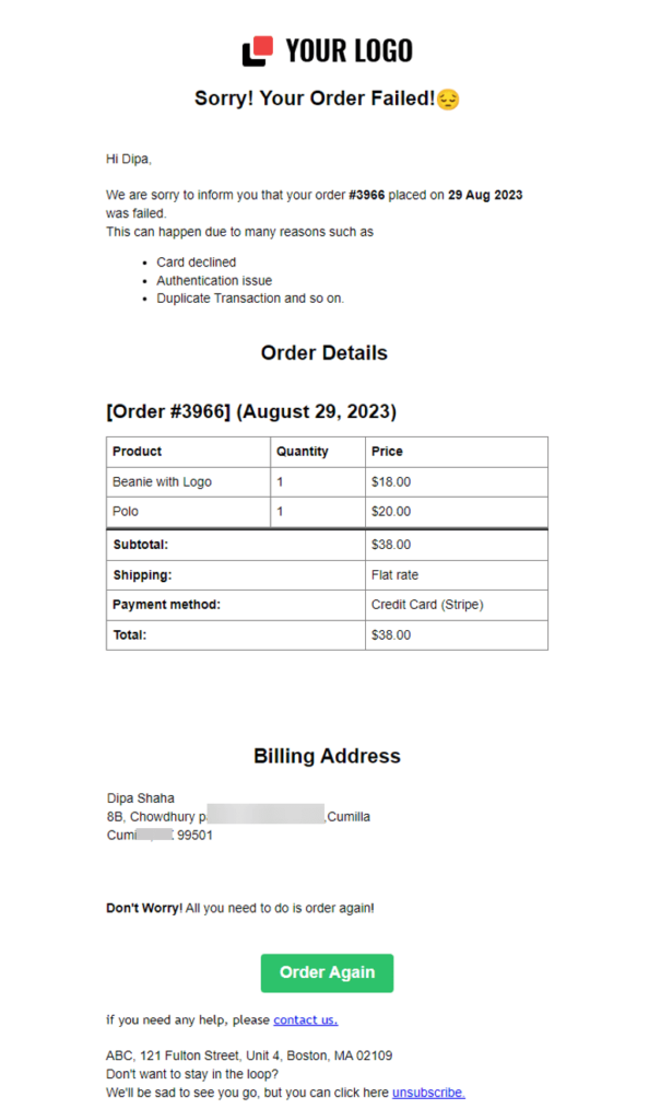 Send Custom WooCommerce Failed Order Emails to Customer