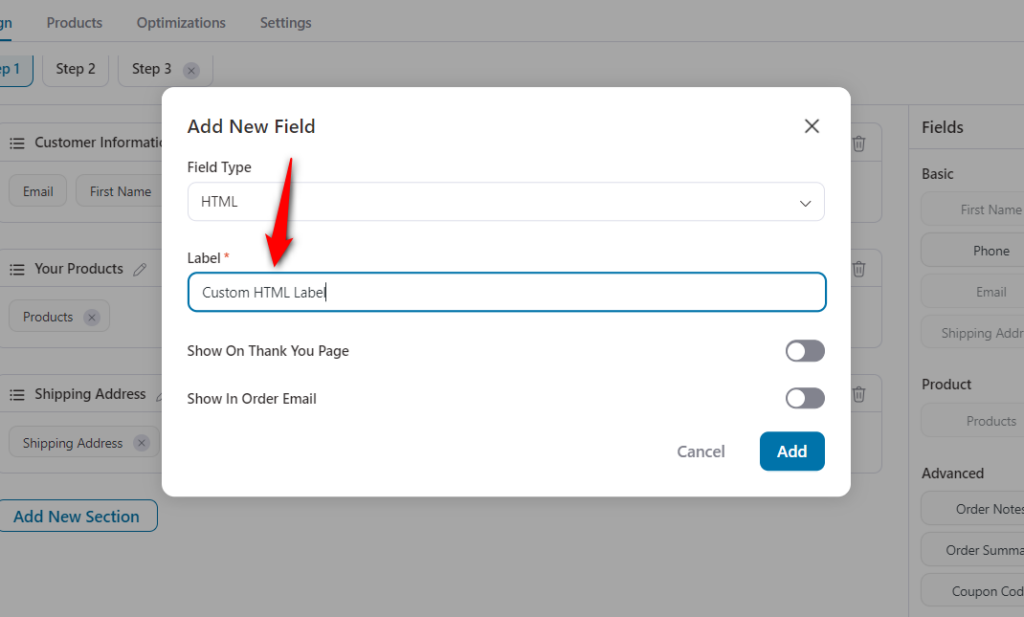 Add Custom HTML Field to display custom text - FunnelKit