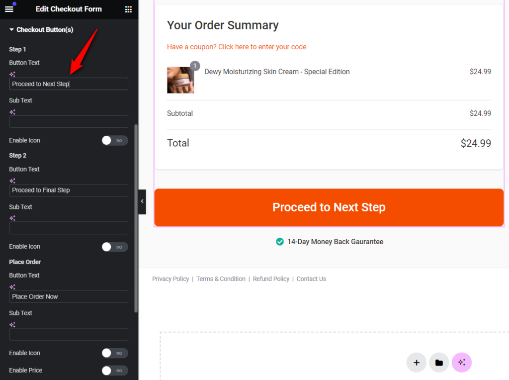 Previous Step and Next Step Button Texts - FunnelKit
