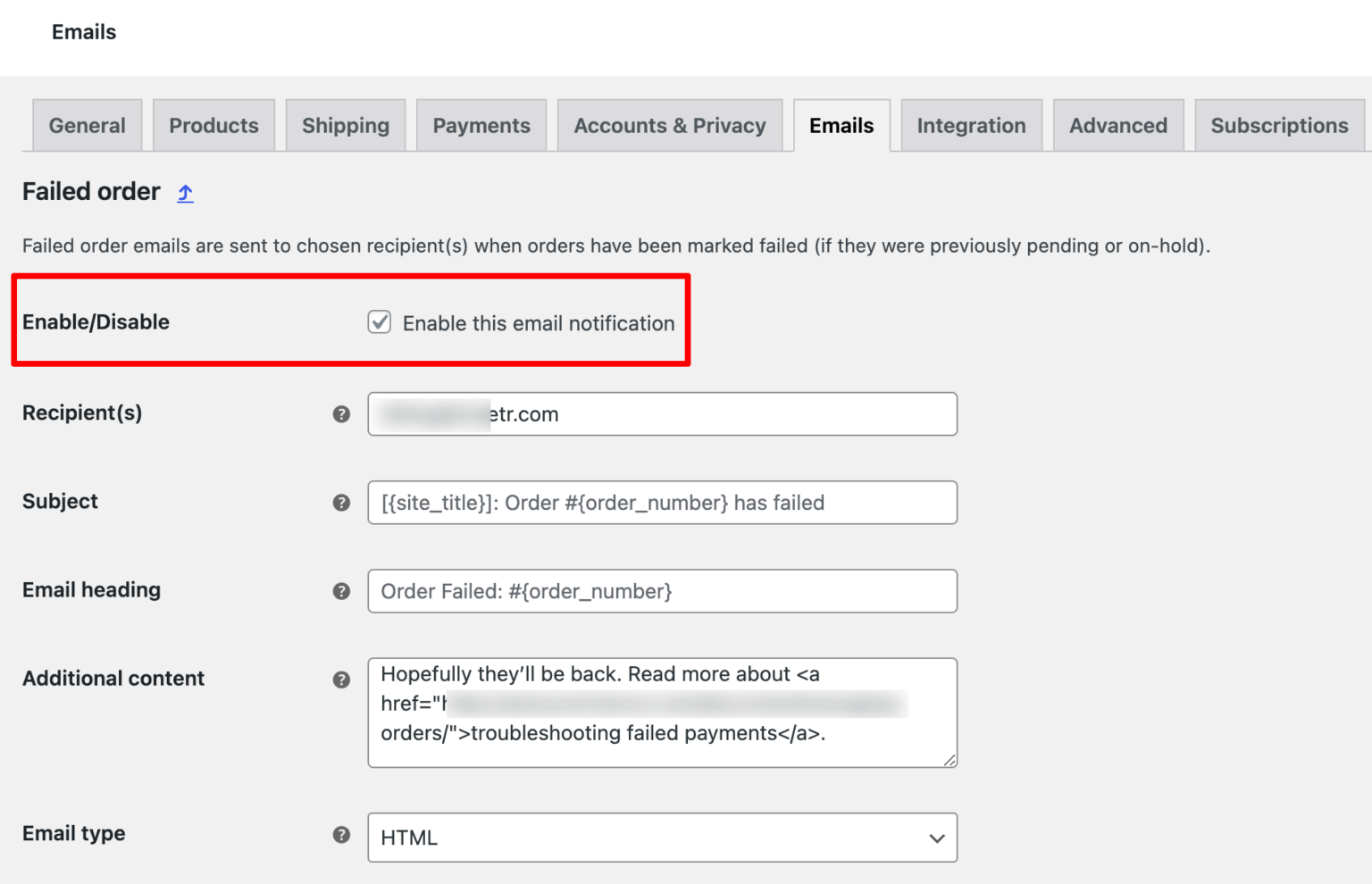 Send Custom WooCommerce Failed Order Emails to Customer